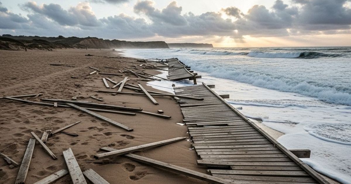 Algarve storm surge wrecks Praia de Faro boardwalk
